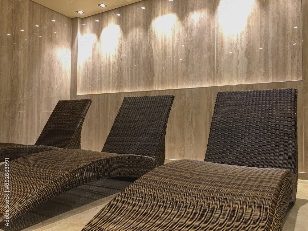 Finnish or dry sauna with oceanview or view of the sea inside male ...