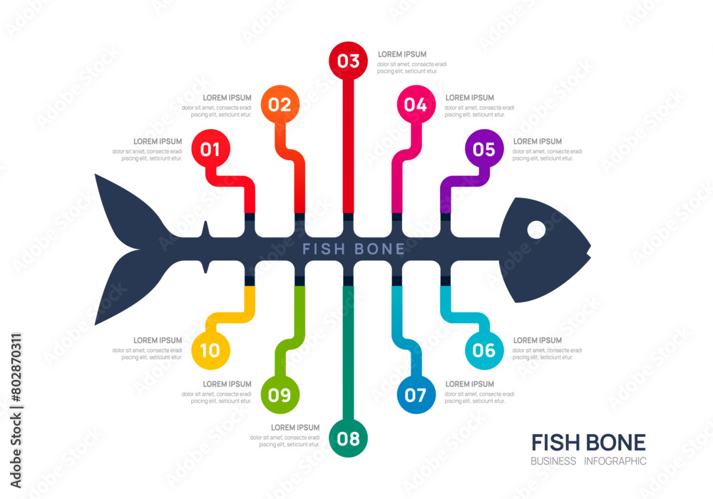 Infographic fish bone diagram template for business. 10 step, digital ...