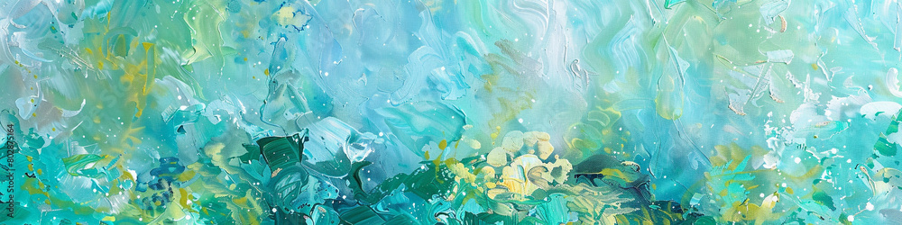 Swathes of jade and turquoise cascade down the canvas, mingling with splashes of azure and ...