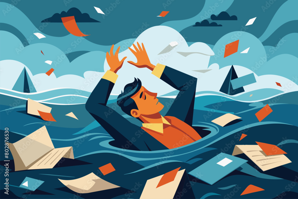 Man overwhelmed by paperwork at sea, vector cartoon illustration ...
