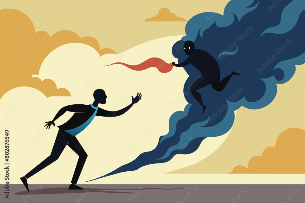 Man confronting a menacing smoke monster, vector cartoon illustration ...
