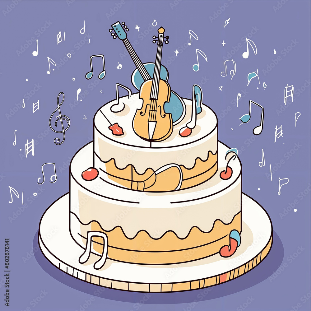 A large, multi-tiered birthday cake with musical instruments on top ...