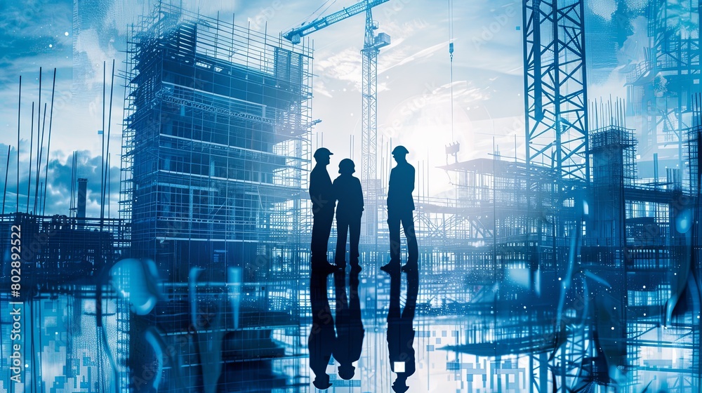 Blue-toned image of construction workers in a wet urban construction ...