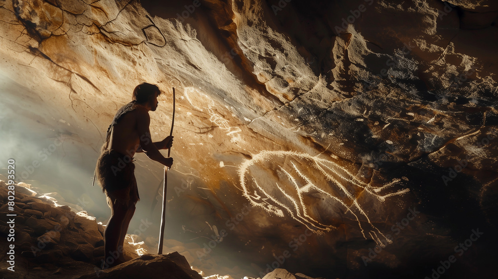 Primeval Caveman Wearing Animal Skin Drawing on the Walls at Night ...