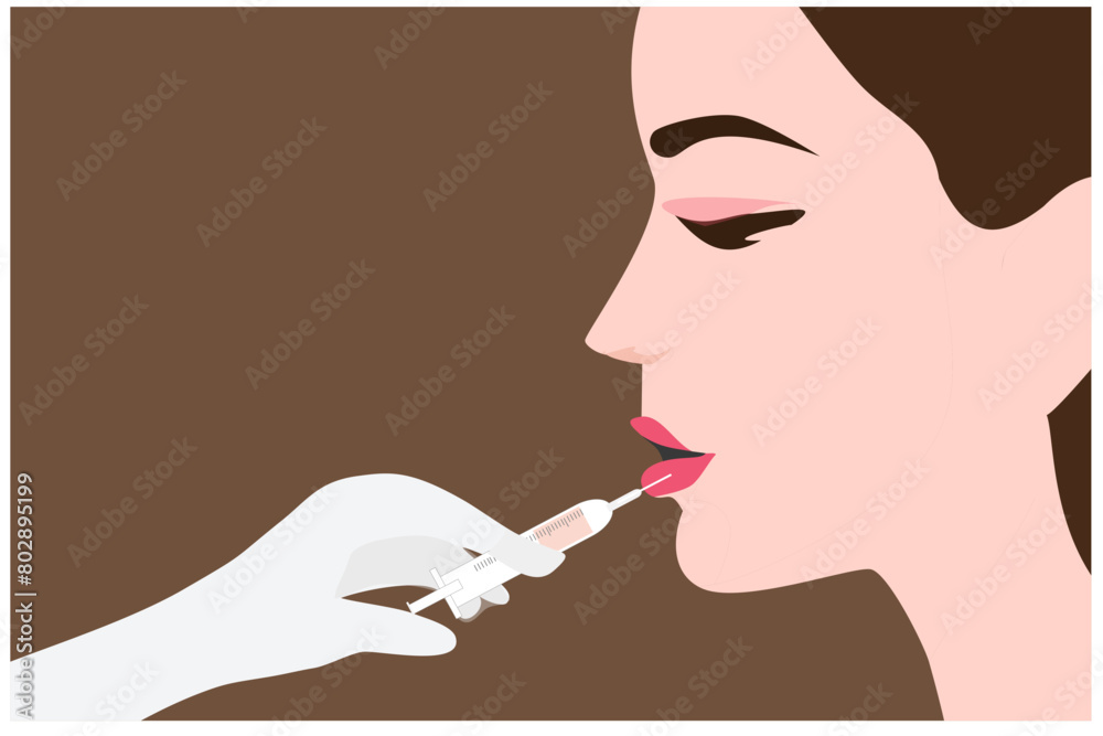 Filler injection concept. Serum syringe injects filler to lip of woman ...