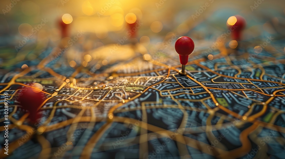 City map illustrating routes marked with red pins, reflecting themes of ...