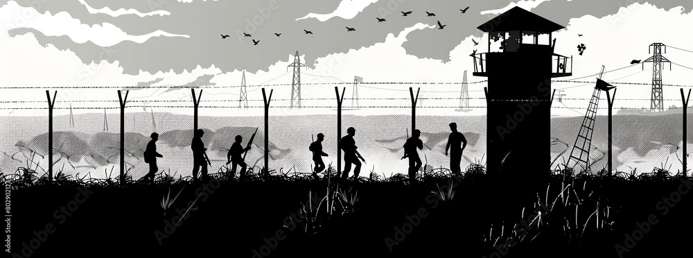 POW camp black silhouette German war prison background WW2 military ...