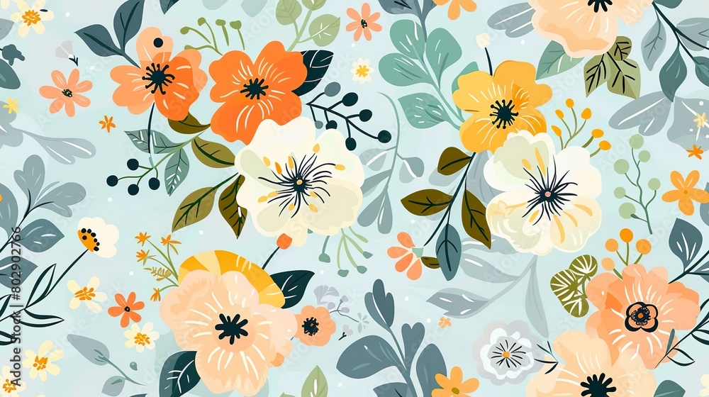 Colorful Spring Floral Pattern On Light Blue Background, Summer Leaves ...