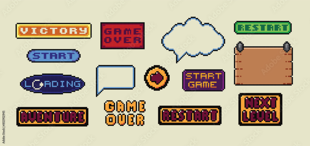 Pixel art frames. Retro 8 bit buttons, arrows, speech bubble messages ...