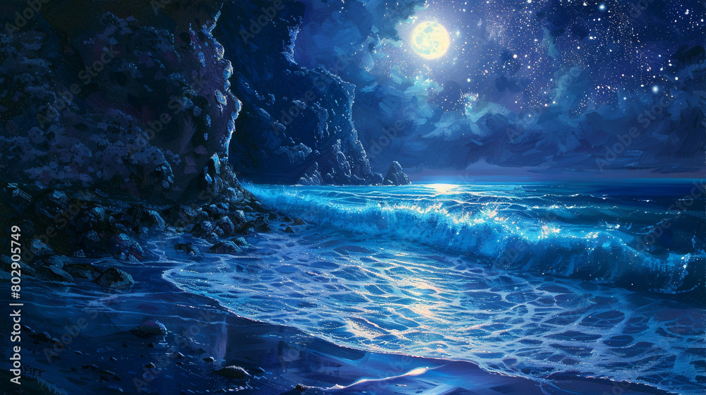 Foto de Deep indigo waves crash against rugged cliffs, their foam ...