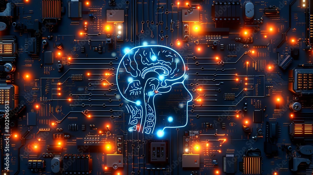 Artificial Intelligence hardware concept. Glowing blue brain circuit on ...