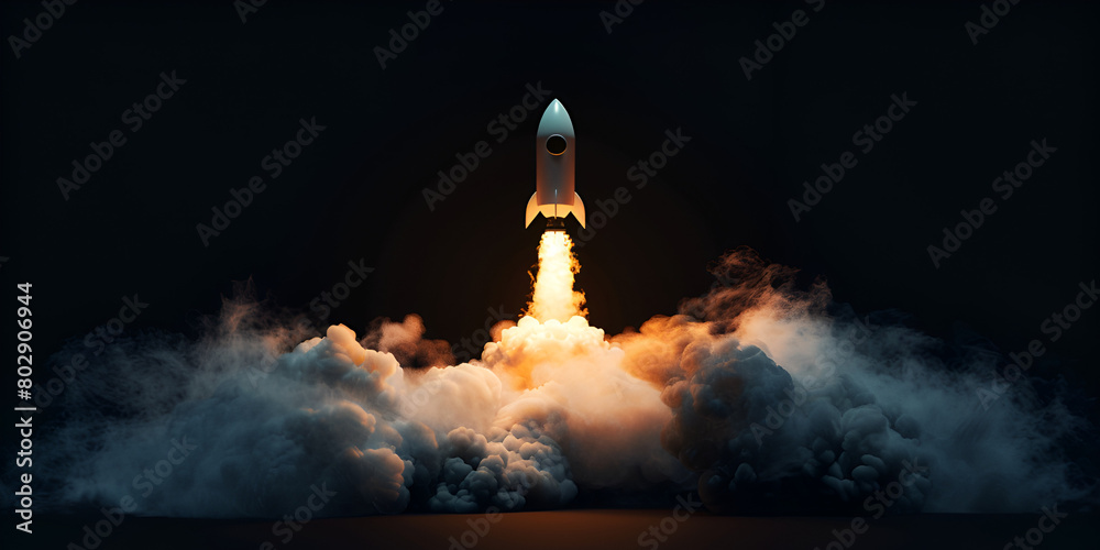 Creative light bulb rocket with blast and smoke Space rocket shuttle with blast and puff of ...