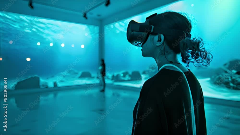 A woman engages with a virtual reality exhibit simulating an underwater ...