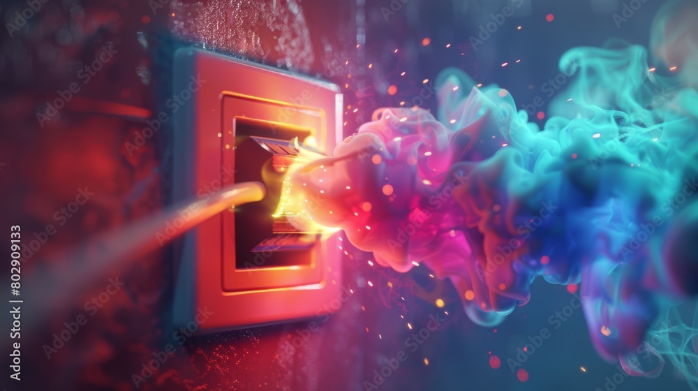 A close-up view of a colorful electrical plug sparking as it makes ...