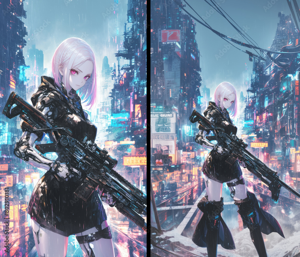 Beautiful woman holding a big high tech rifle, in a bizarre futuristic ...