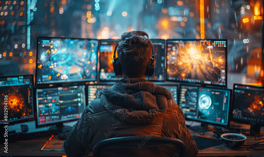 Professional back side view of male cyberpunk gamer in hood and headphones working on multiple ...