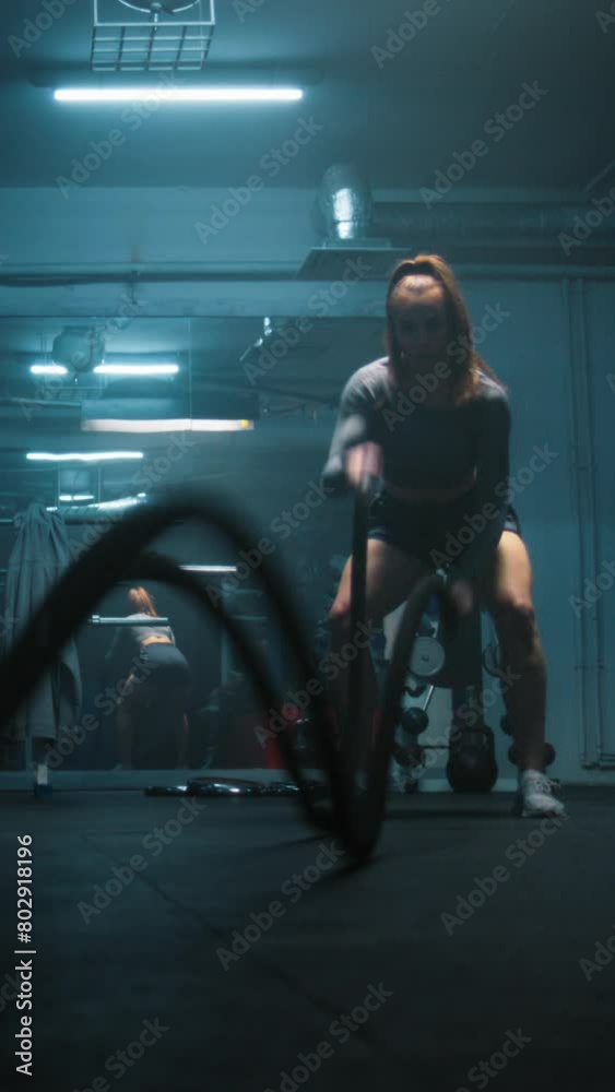 Female athlete exercises with battle ropes in dark boxing gym with LED ...