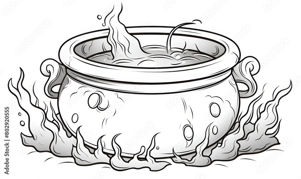 Coloring book page for kids of a metal cauldron or pot with a bubbling ...