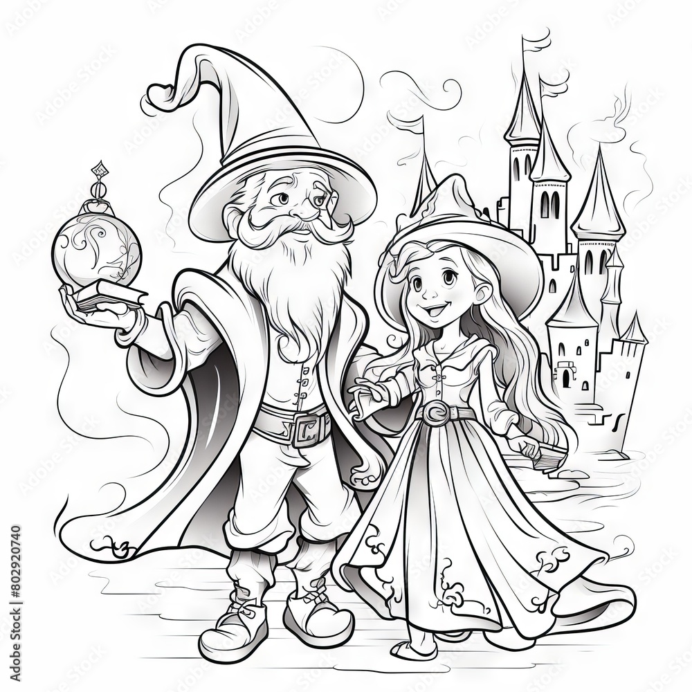 Coloring book page for kids of a a wizard and a princess. The wizard is ...