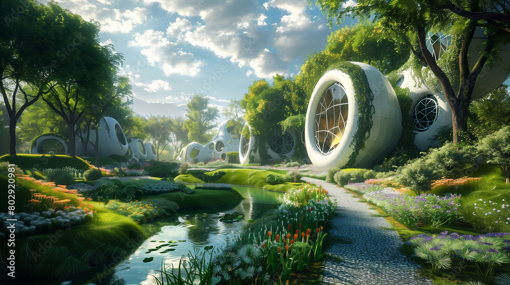 Visualize a future where humans live in harmony with nature, using ...