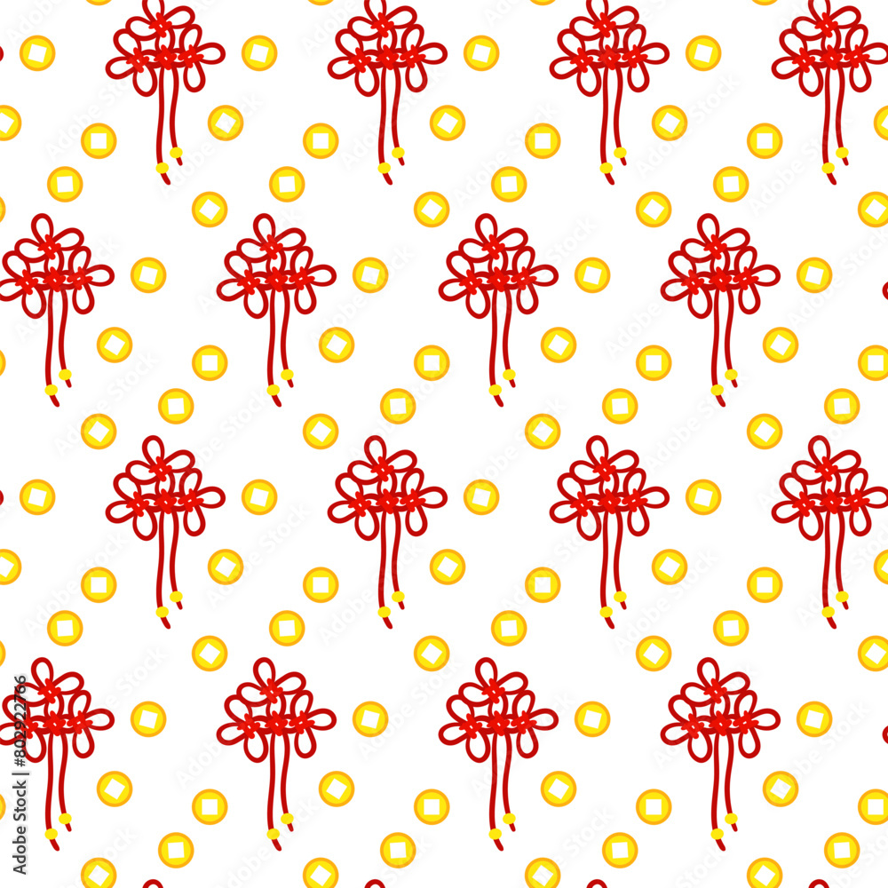 A pattern of red threads is tied into Chinese knots for good luck ...