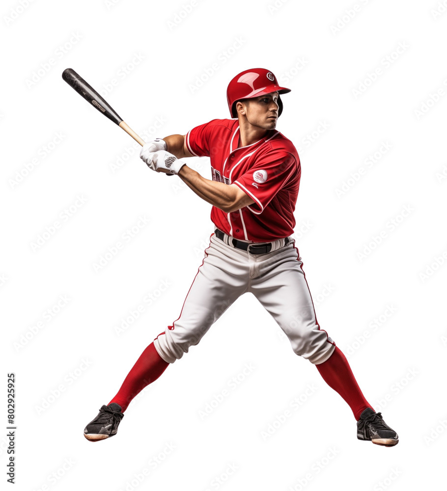 Baseball player in mid-swing with focus and force, sporting a team ...