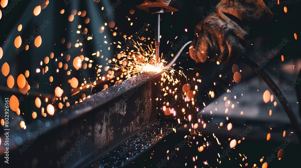 Welding on a steel beam, sparks flying, tight close-up, dramatic ...