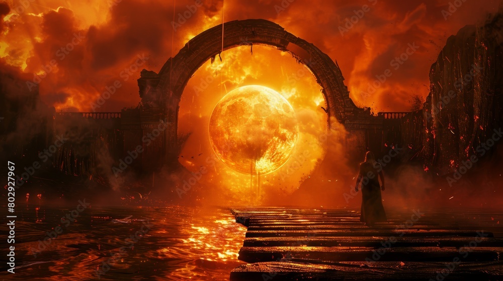 The imposing gates of hell open, with Charon, the ferryman of the dead ...