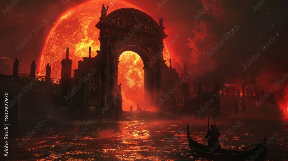 The imposing gates of hell open, with Charon, the ferryman of the dead ...