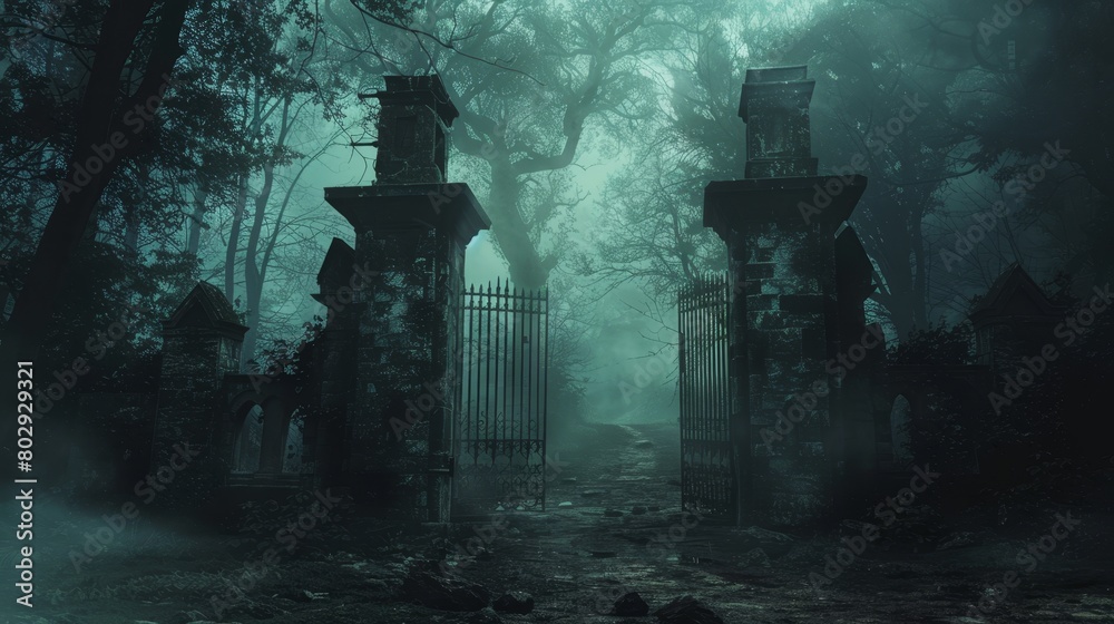 The eerie gates of hell, flanked by dungeon stones and overlooked by ...