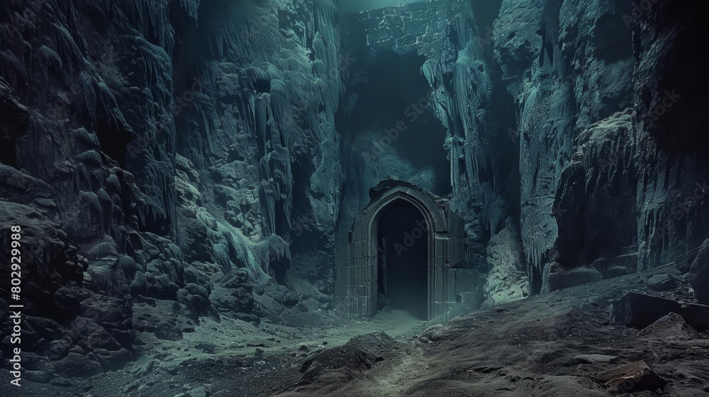 Remote dungeon gates set in a desolate cave entrance, where myths ...