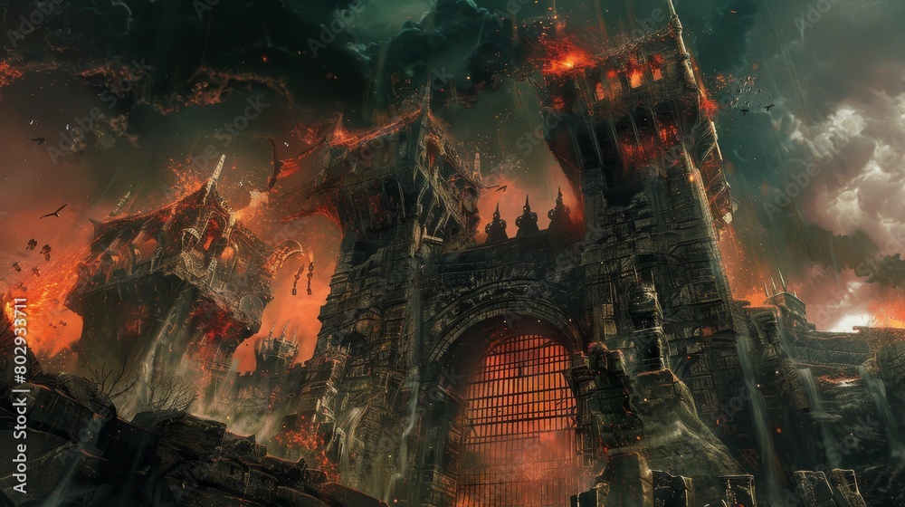 Hell's gates standing tall, guarded by formidable creatures and ...