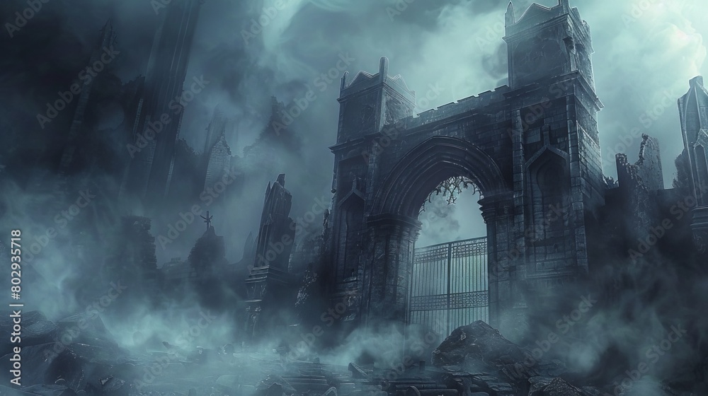 Eerie view of the dungeon gates with Charon, cloaked in darkness ...