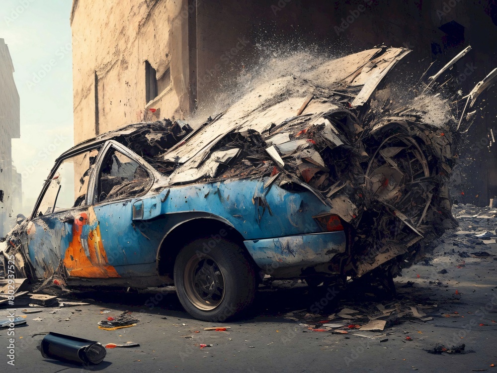 Scene of destruction, with a severely damaged blue car, crushed and ...
