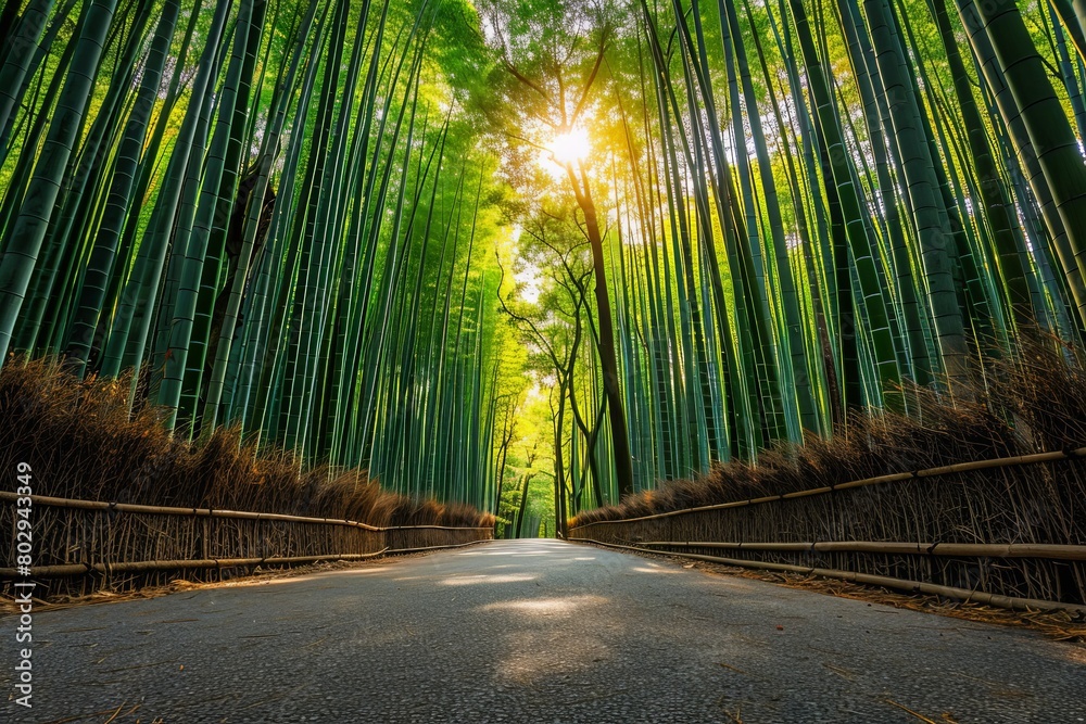Sunlight Piercing Through the Lush Bamboo Forest Pathway. Stock Photo ...