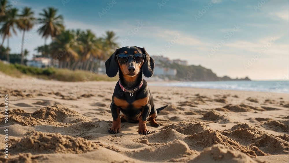 Beautiful dog of dachshund, black and tan, buried in the sand at the ...