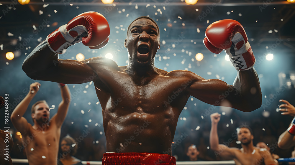 Victorious black boxer raising his arms in celebration in the ring ...
