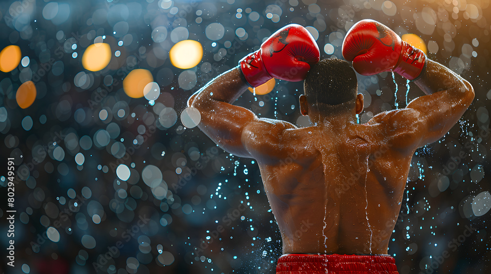 Boxer celebrating victory in the ring under rain. Dramatic sports ...