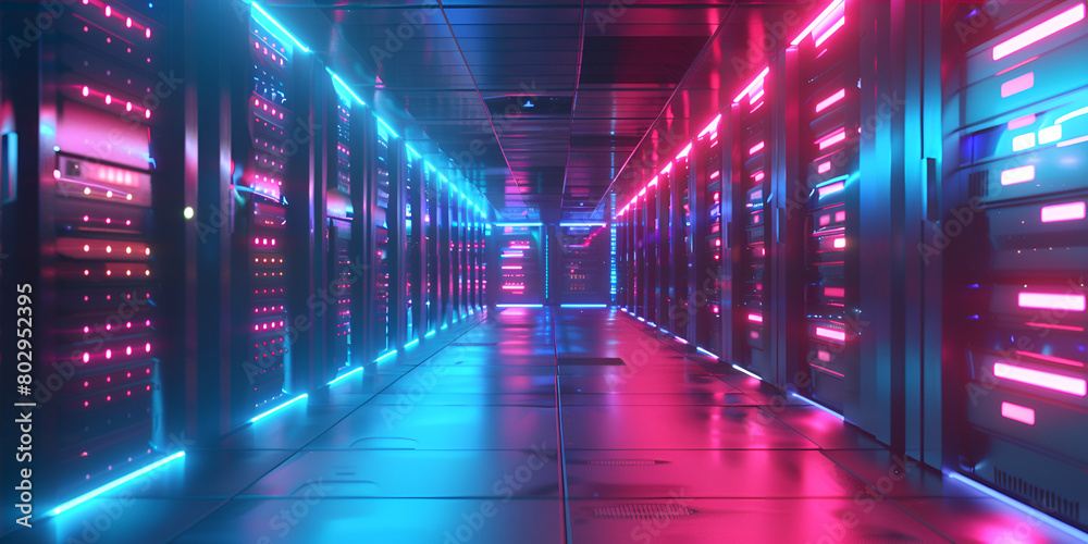 Digital Nexus: Immersive 3D Illustration of a Server Room with Node-Based Programming at its ...