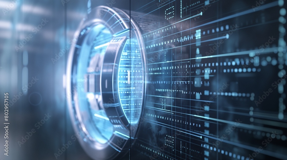 A holographic vault door, seamlessly blending into a digital wall, only ...