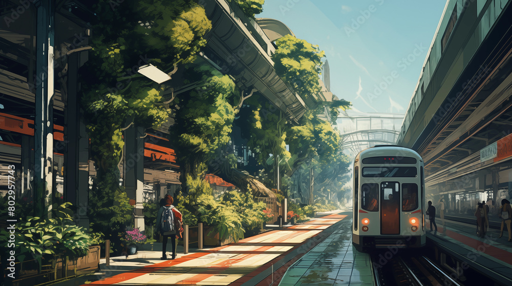Sunny train station with lush hanging plants 2D cartoon illustration ...