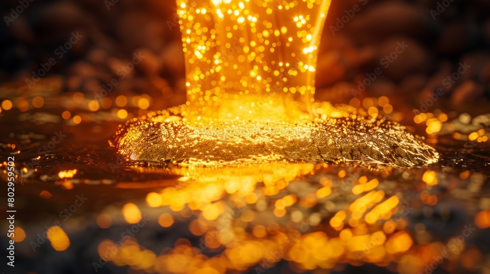 Close-up photo of flowing molten gold, emphasizing the intense heat and ...