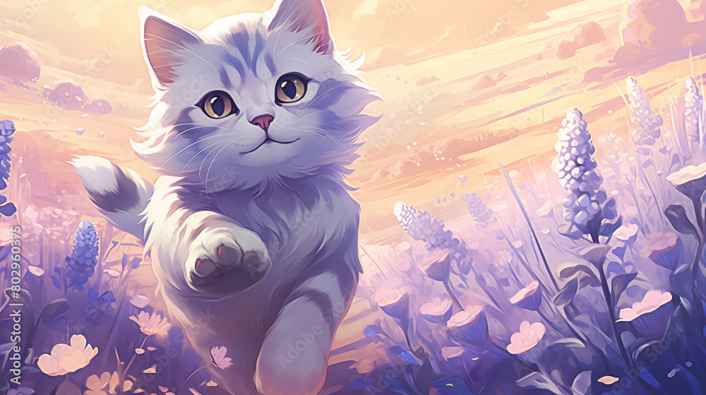 Fluffy cat amongst lavender purple blossoms 2D cartoon illustration ...