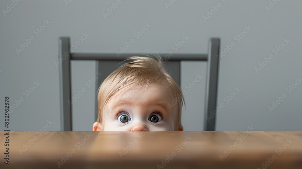 Adorable toddler peeking over table. Curious eyes in plain setting ...