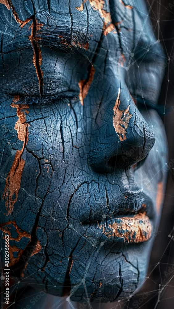 Blue wood face with gold fire veins. Fashion model. Cinematic style ...