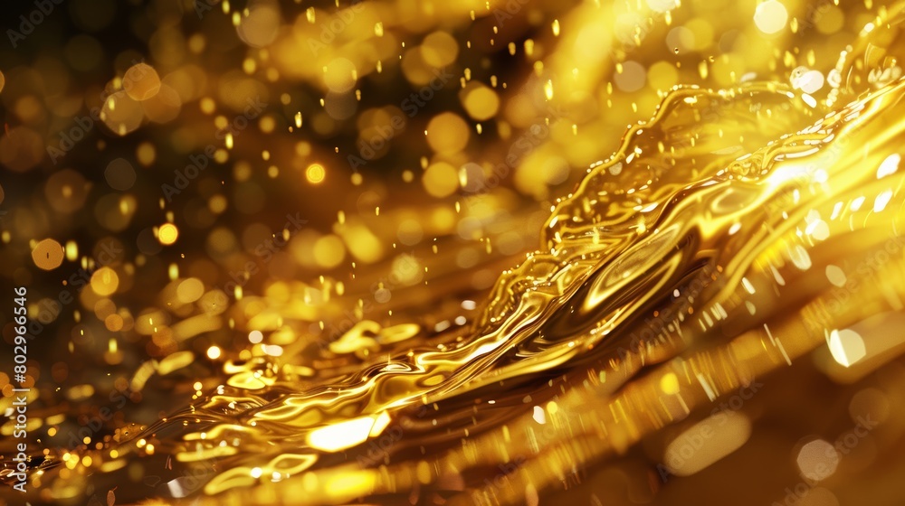Detailed view of gold liquid mid-flow, showcasing the shimmering ...
