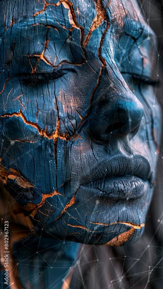 Blue wood face with gold fire veins. Fashion model. Cinematic style ...