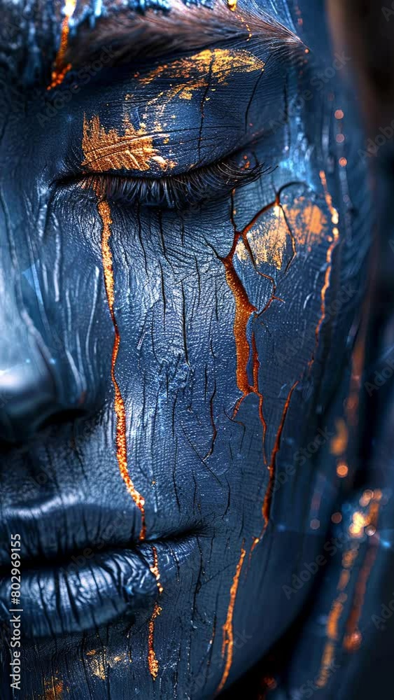 Blue wood face with gold fire veins. Fashion model. Cinematic style ...