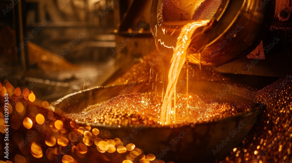 High-resolution photo of a gold refinery at work, focusing on a ...