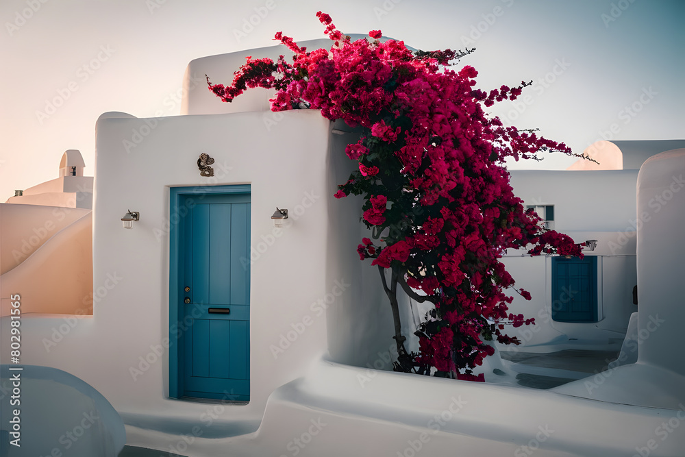 Traditional Greek Island Architecture with Vibrant Sunset and Floral ...